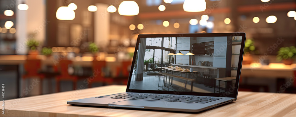 Front view of laptop with screen. Modern architecture in the background ...