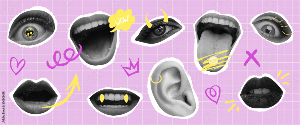 Isolated mouth, eyes and ear set collage, elements for mixed media ...