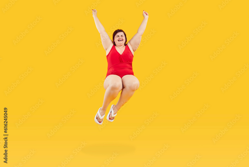 Happy funny fat woman in red swimsuit and flip flops jumping isolated ...