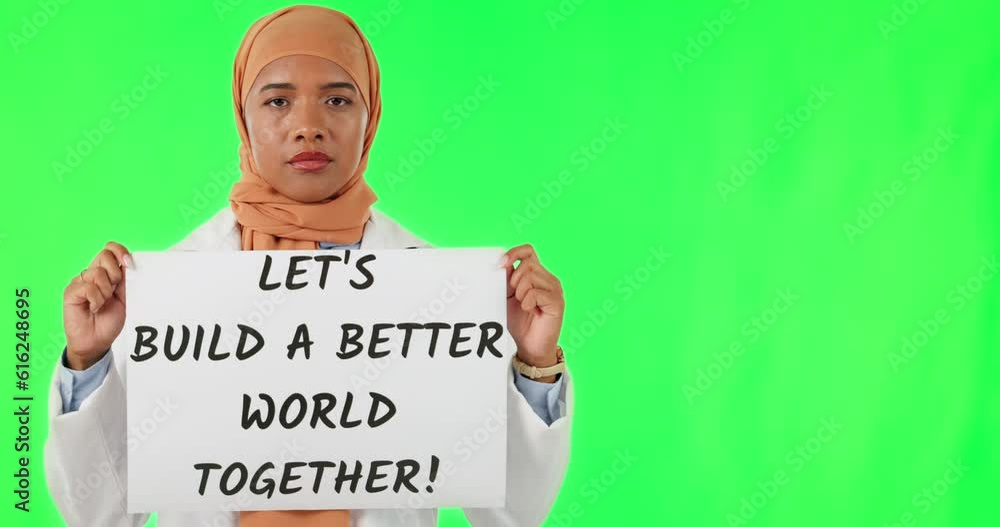 Green screen, protest and face of Muslim woman with poster for activism ...