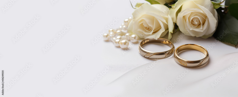 White beige background with white roses and gold wedding rings. Side ...