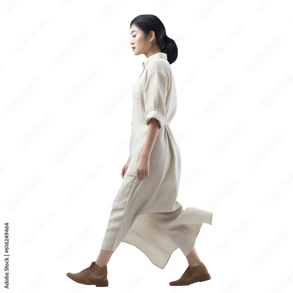 Asian woman/girl walking in comfort outfit. Full body isolated on ...