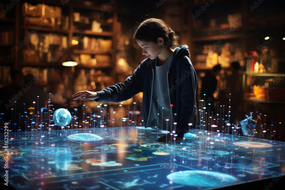a person using holographic displays to navigate and explore maps or ...