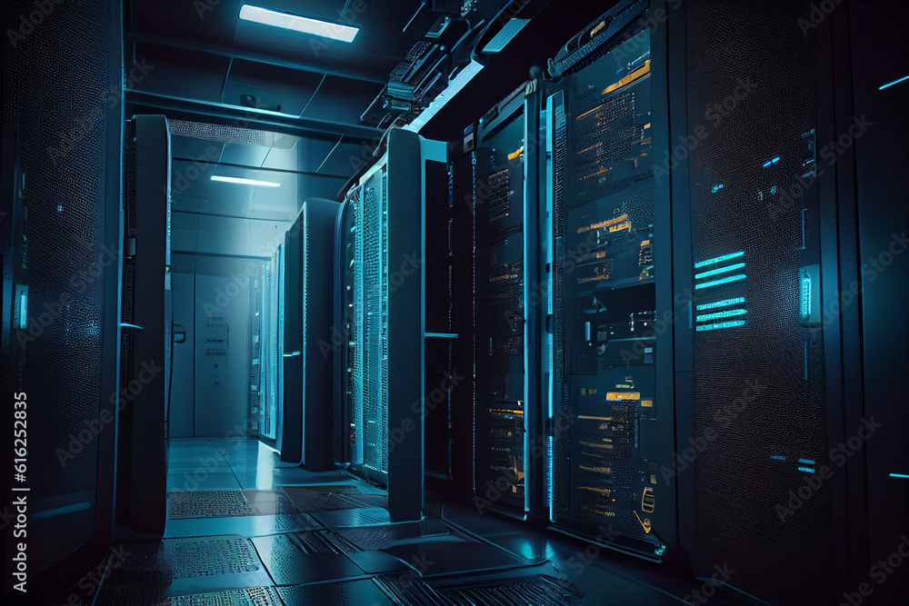 Computer network security server room data center light blue color ...