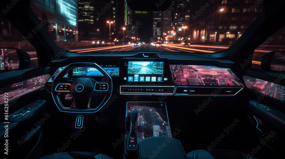 Dramatic perspective of an AI - driven, autonomous vehicle dashboard ...