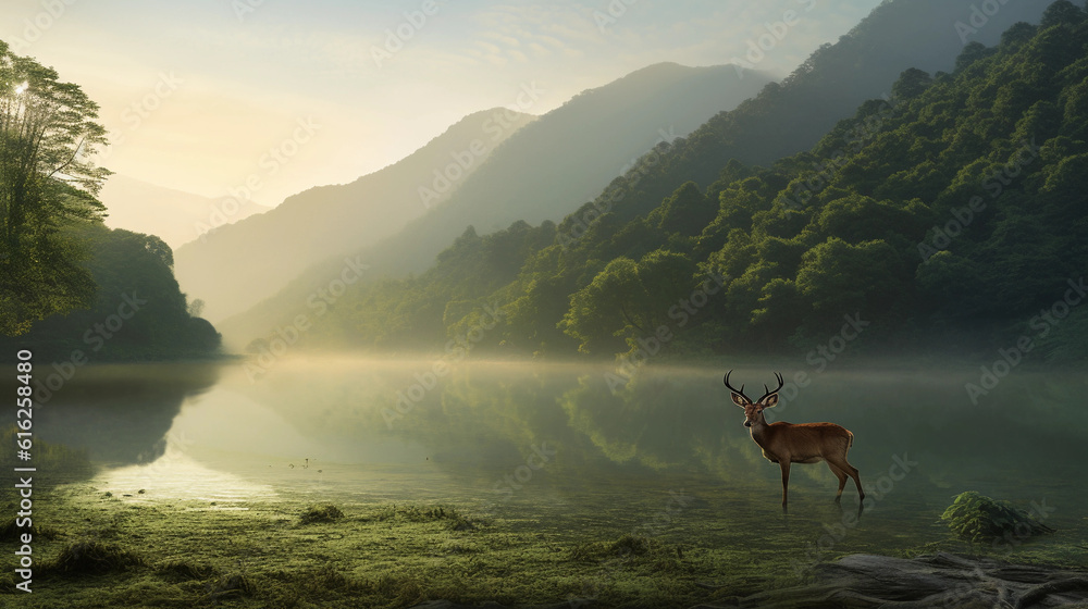 Lush green forest at sunrise, hyper realistic, a deer drinking from a ...