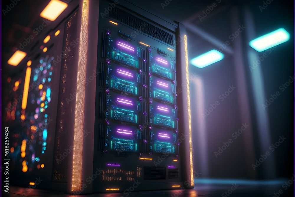 Foto de Rackmount LED console in server room data center. 3d render ...