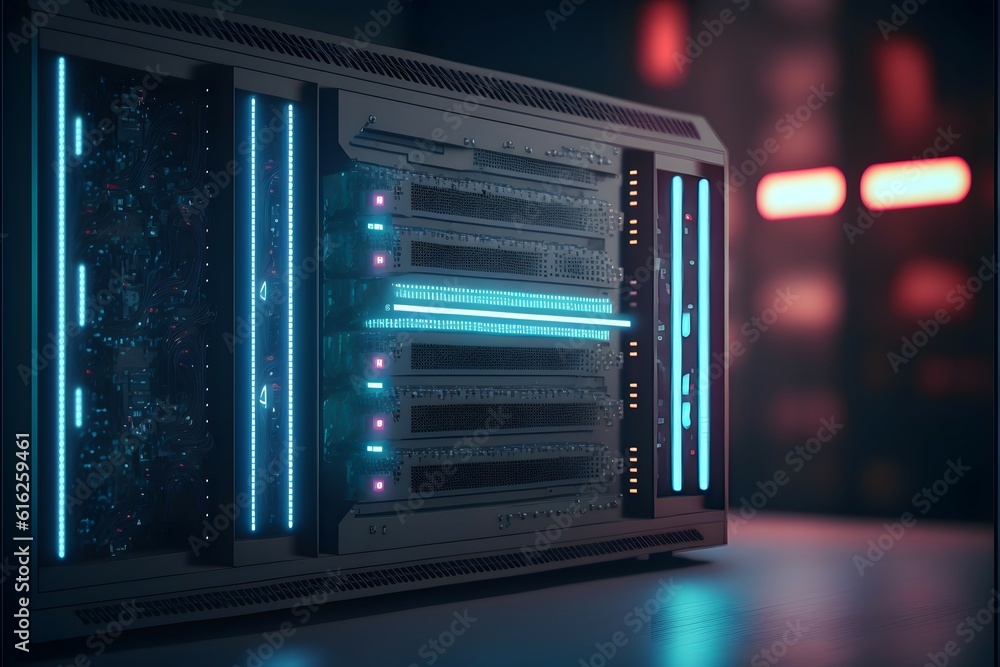 Rackmount LED console in server room data center. 3d render. Realistic ...