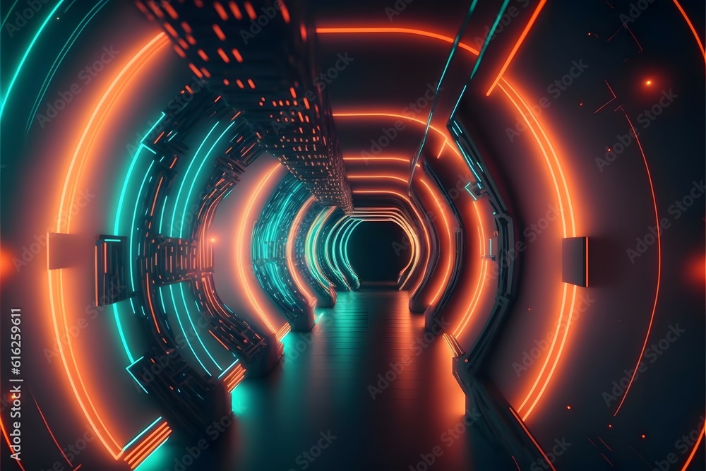 Abstract neon lights into digital technology tunnel. Futuristic ...