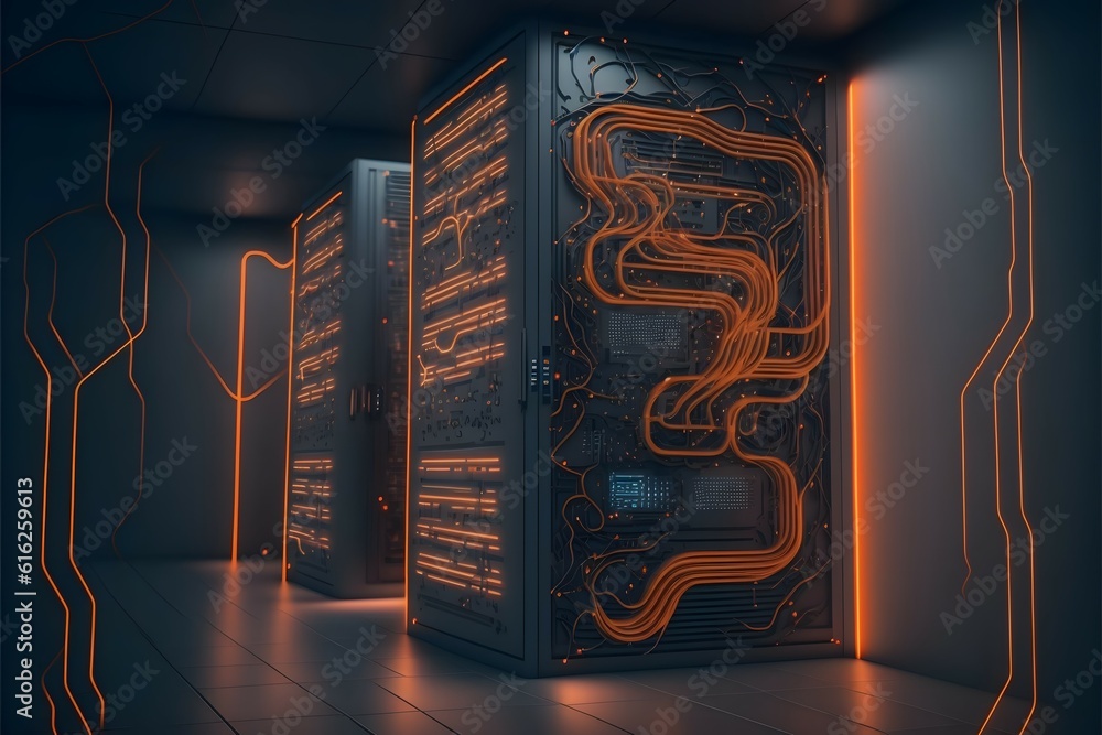 Server room interior. Wave of Abstract background with interweaving of ...