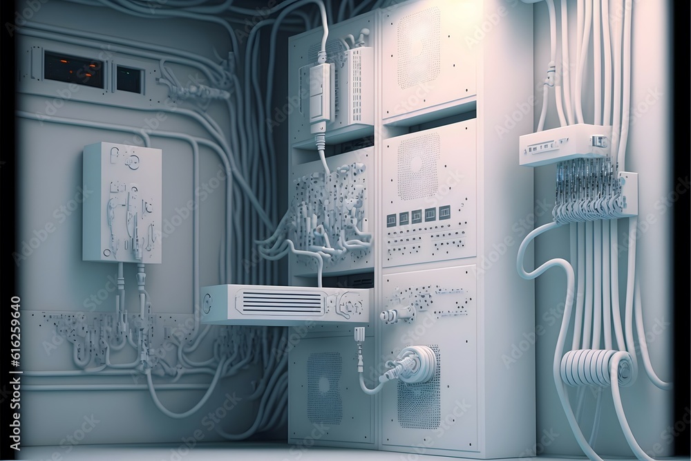 white sever room connected with network cables. Realistic, highly ...