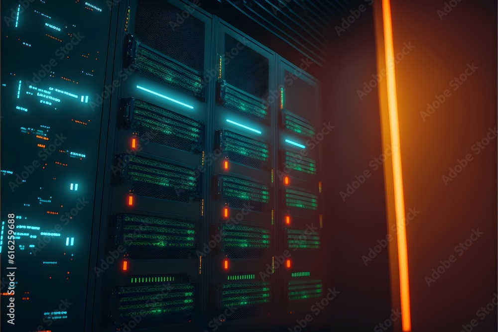 Rackmount LED console in server room data center. 3d render. Realistic ...