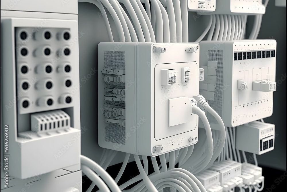 many white computers connected in series with network cables, in white ...