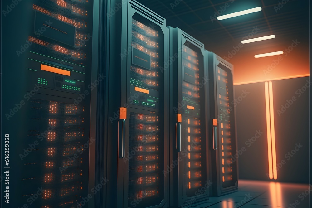 server room with server racks in datacenter banner. 3d illustration ...