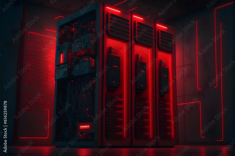 red Server Room. Realistic, highly detailed, rendered octane, Maxon ...