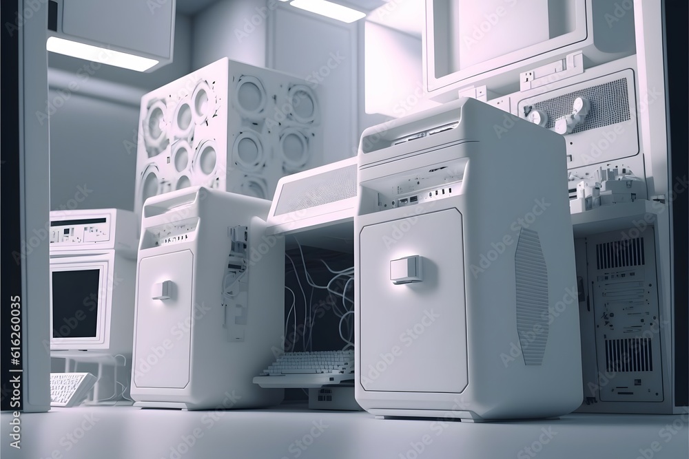 many white computers, in white sever room. Realistic, highly detailed ...