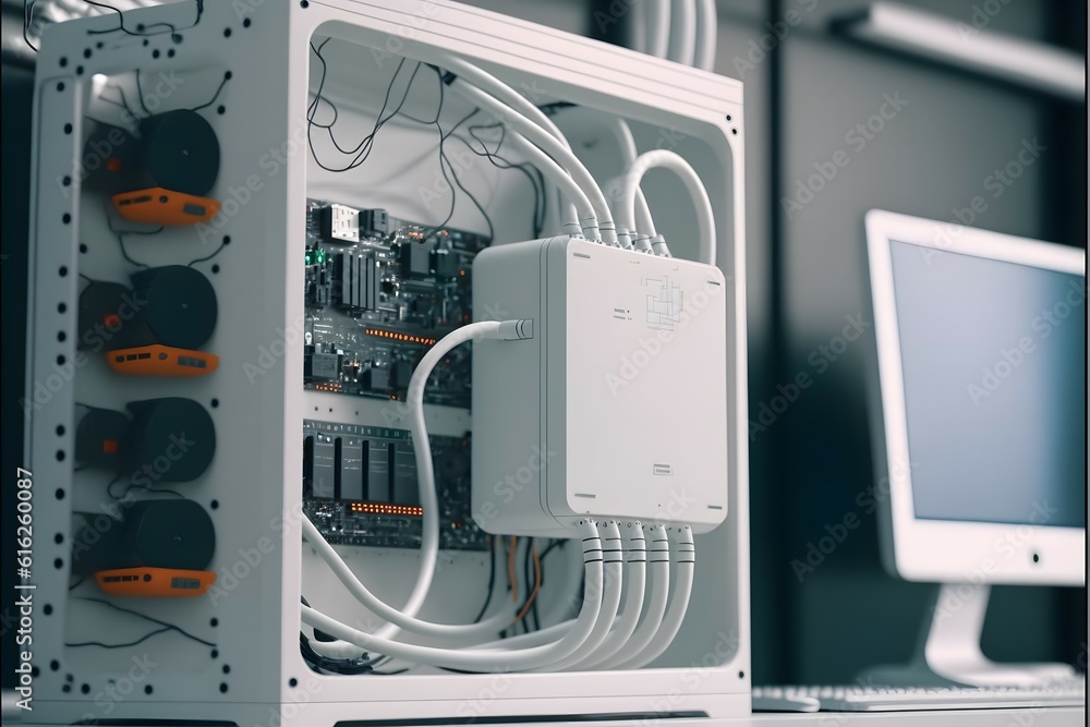 white computer connected in series with network cables, in white sever ...