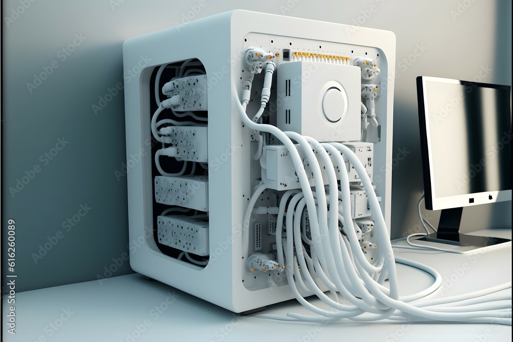 white computer connected in series with network cables, in white sever ...