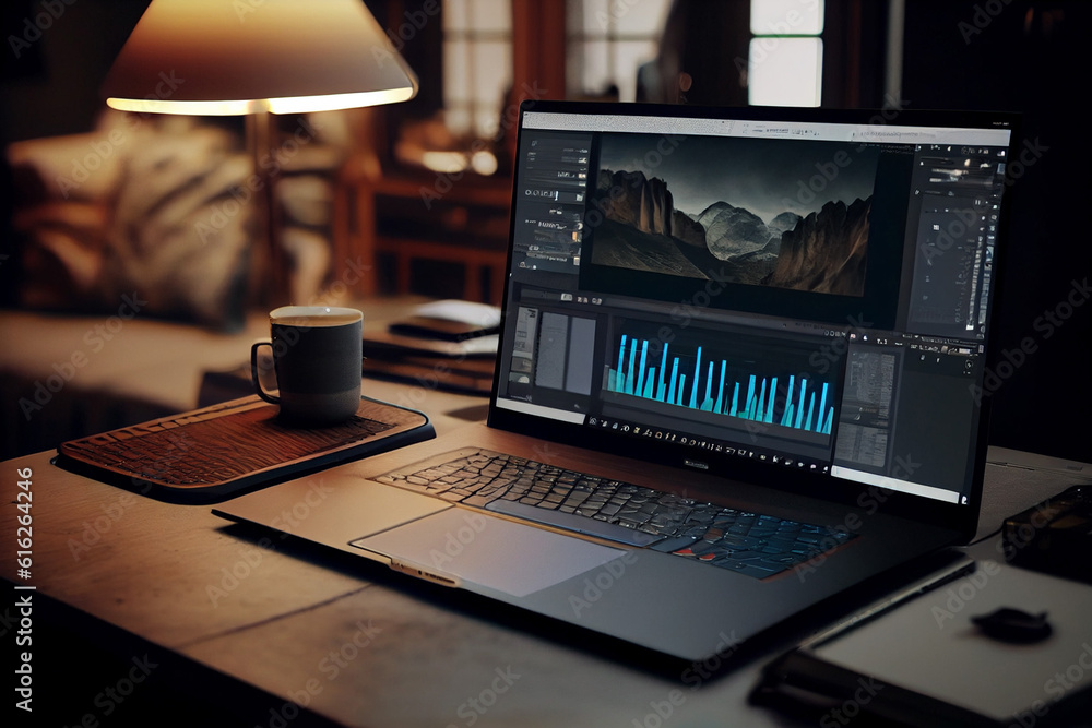 Laptop screen with charts and diagrams. Home office. Created with ...