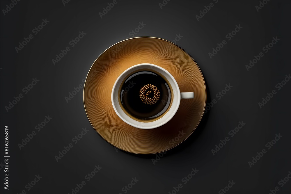 Cup of coffee on gold black background. Minimalistic flat lay. Top view ...