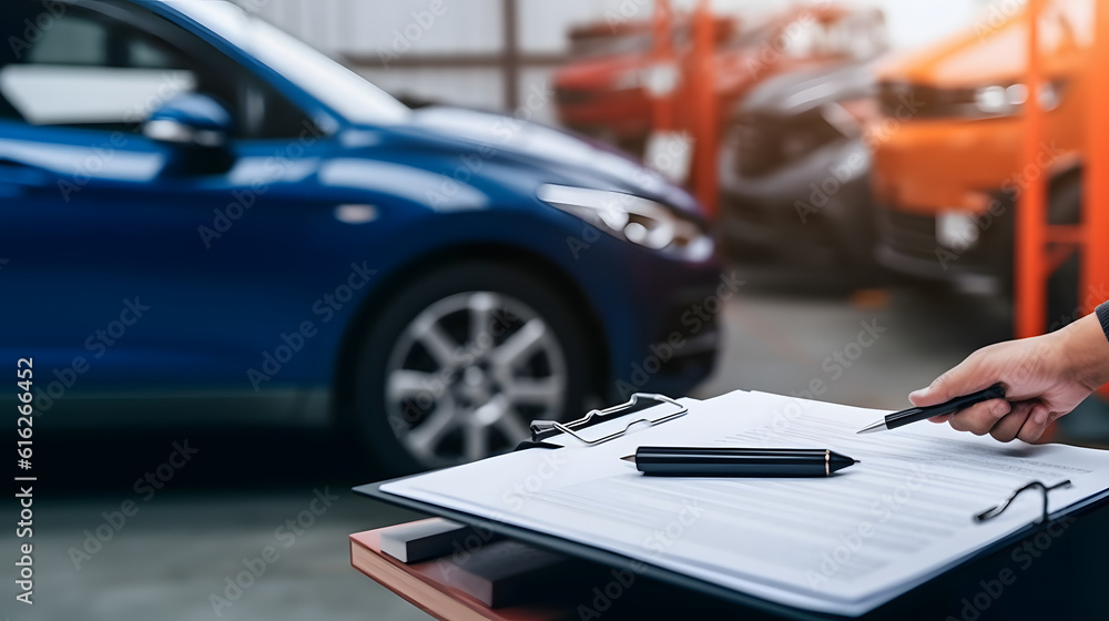 Mechanic check list to the clipboard insurance with inspecting car at ...