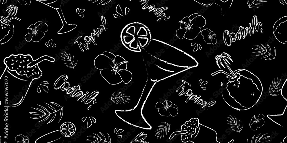 Seamless coctail and drinks pattern drawn with one white chulk line and ...