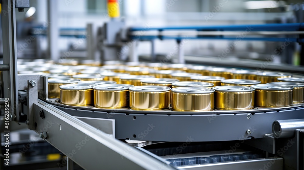 Production of cans for canning in large quantities in a factory. Canned ...