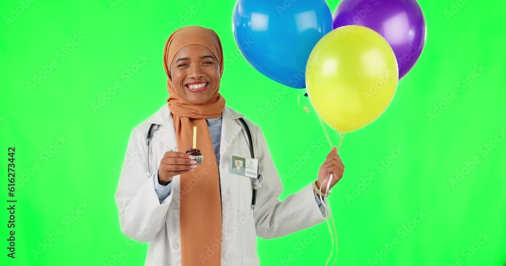 Party, balloons and face of female doctor on green screen for ...