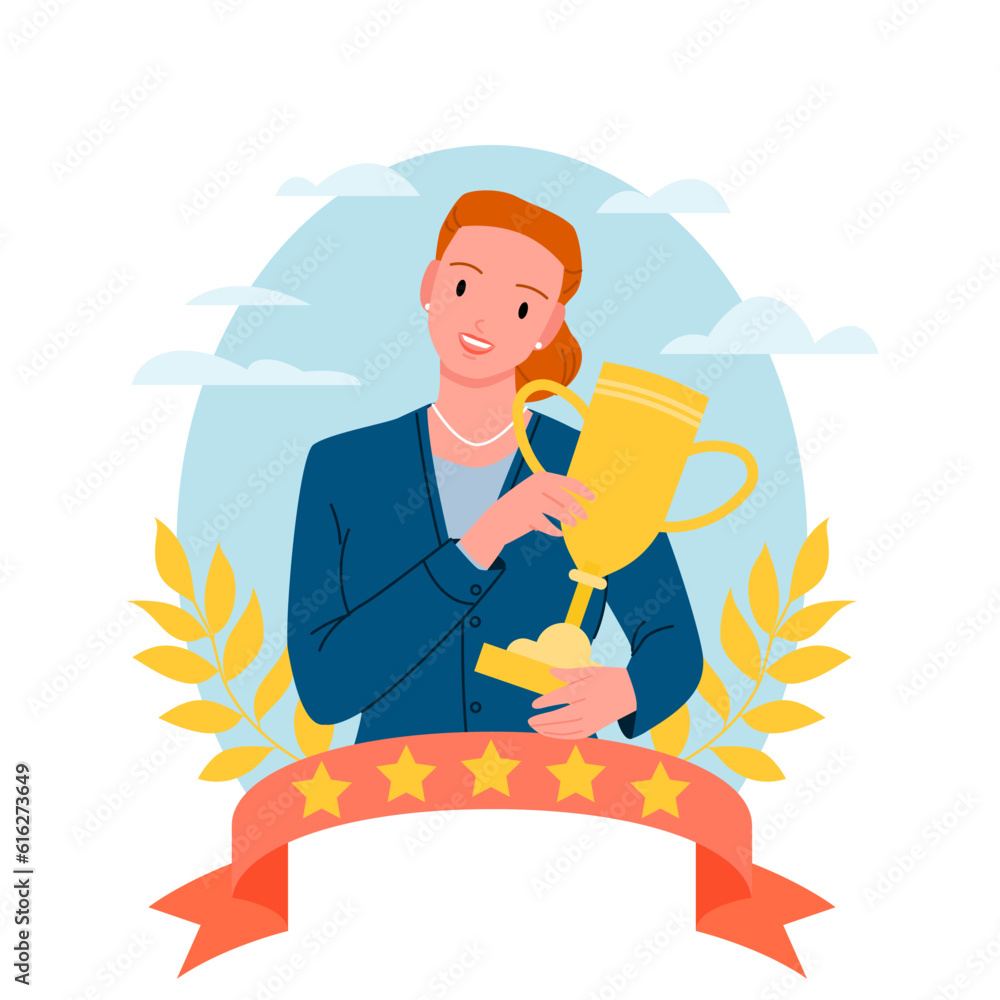 Cartoon isolated woman office worker inside recognition gold laurel ...