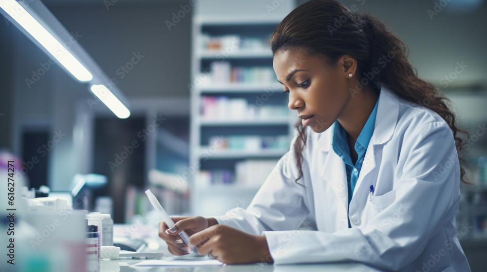 A pharmacist in a lab coat, carefully measuring medication and ...