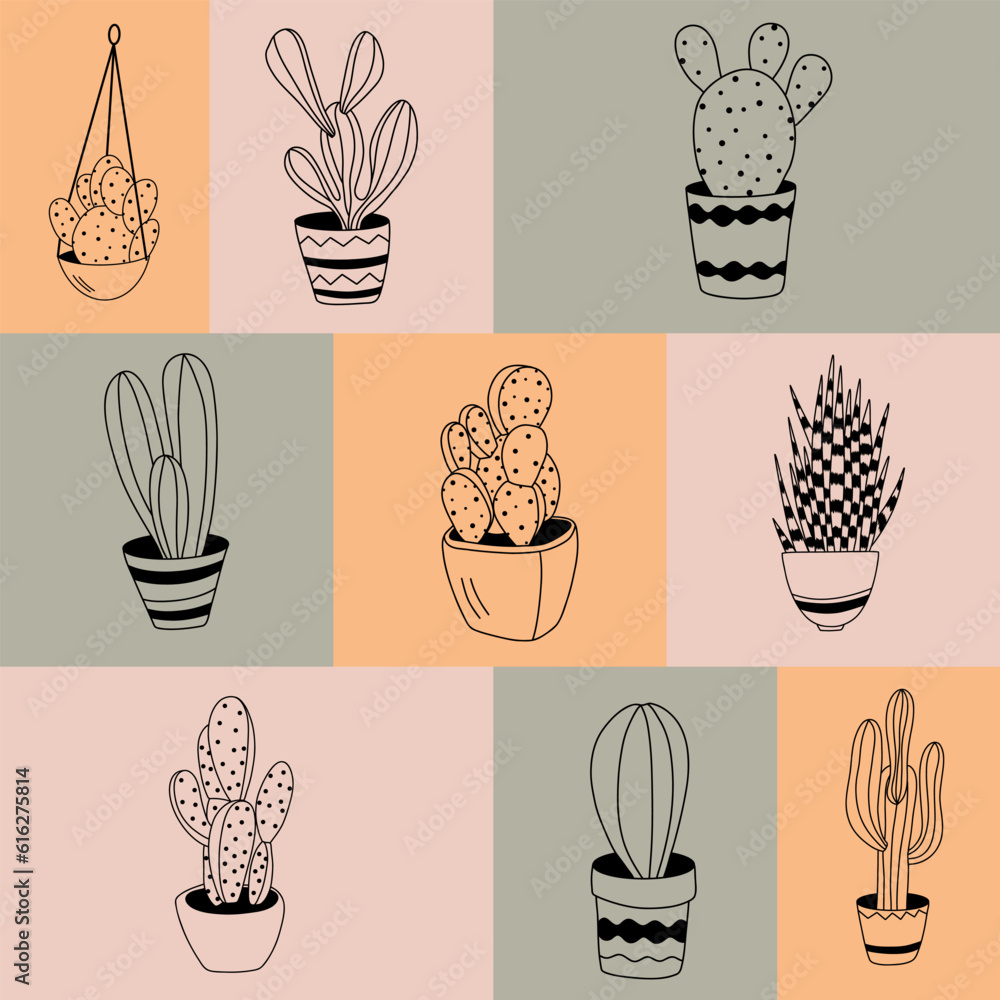 Vector set of cactus illustrations in minimal linear style, hand drawn ...