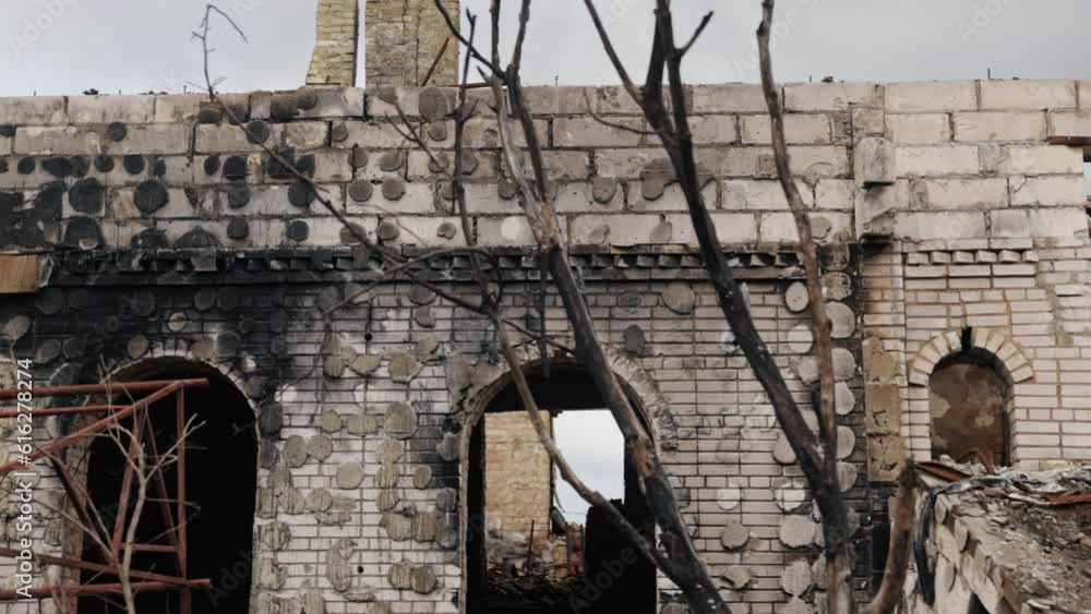 enemy aircraft, destroyed city, missiles damage. During war in Ukraine ...