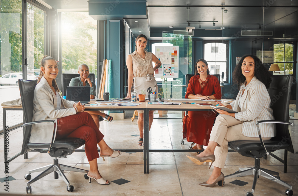 Business women, team portrait and creative office with planning and ...