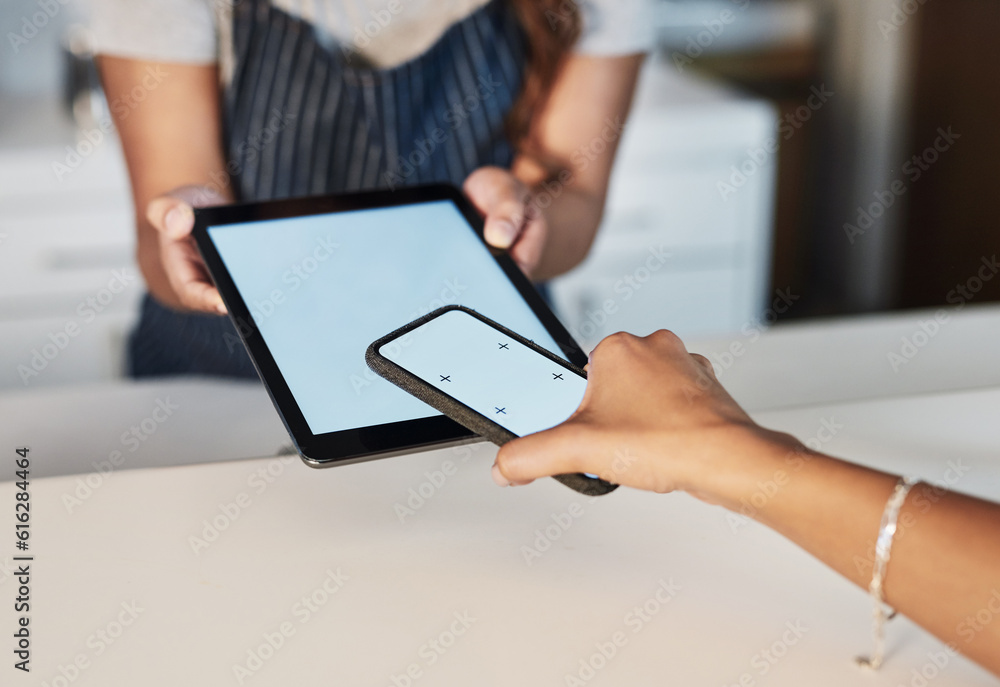Woman, hands and mockup screen for payment, ecommerce or tap in ...