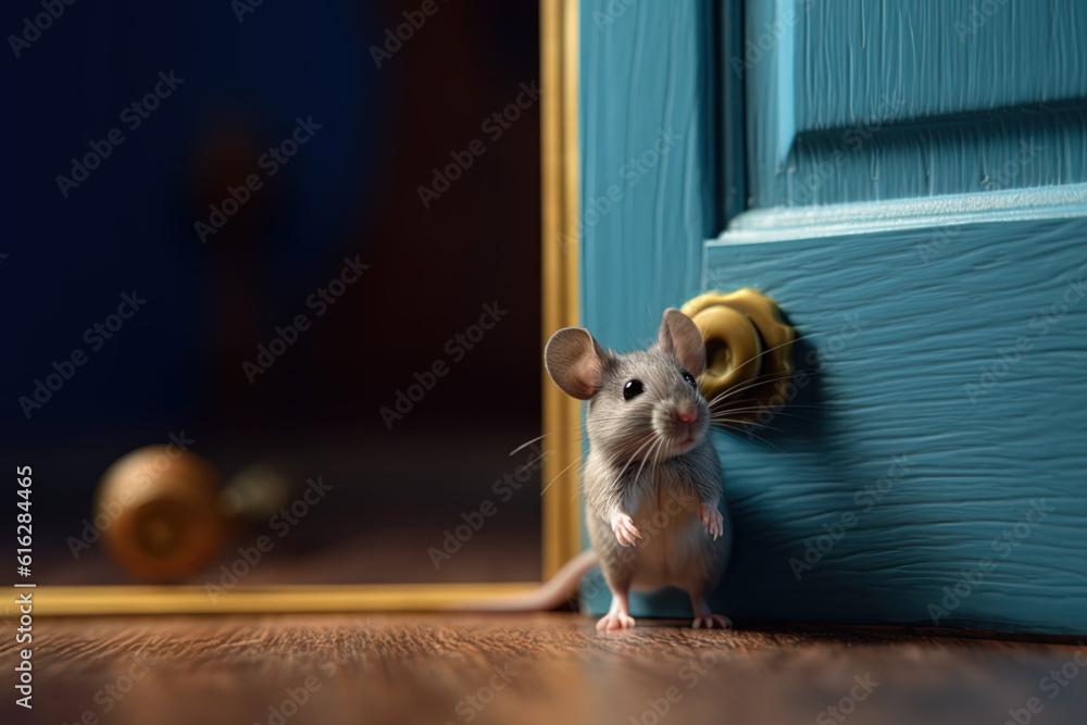 A tiny cute mice atands in the door of the house. Generative AI. Stock ...
