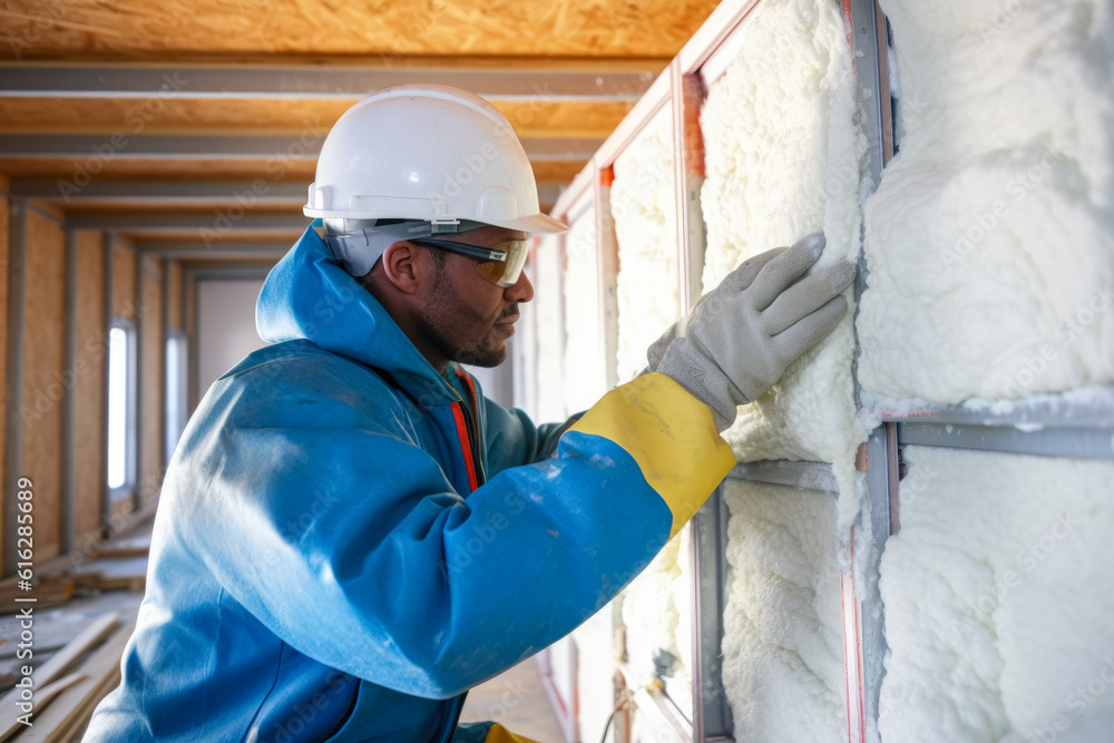 Insulation worker in protective clothing examining foam isolation ...