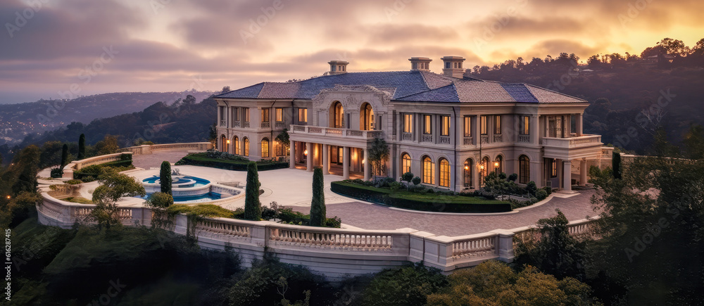 Aerial view of a large luxury mansion in the hills of Los Angeles with ...
