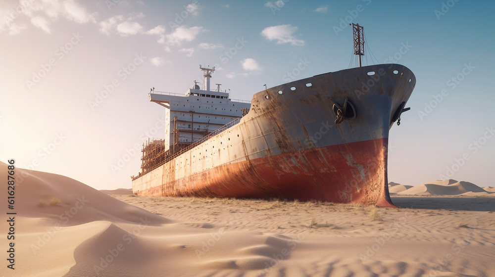 Old boat in desert - Abandoned ship in desert sand, hyperrealistic ...