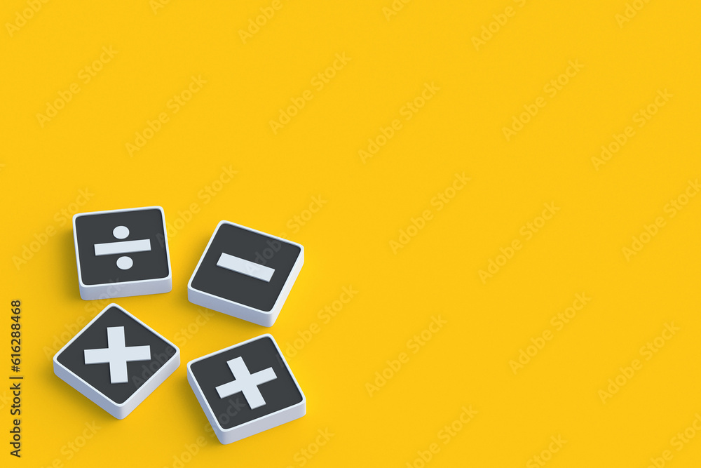 Scattered mathematical symbols on buttons. Plus, minus, multiply ...