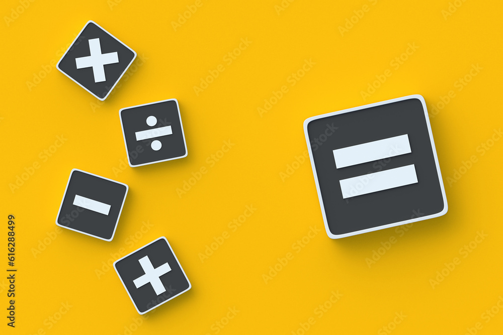 Budget calculation. Scattered mathematical symbols on buttons. Plus ...