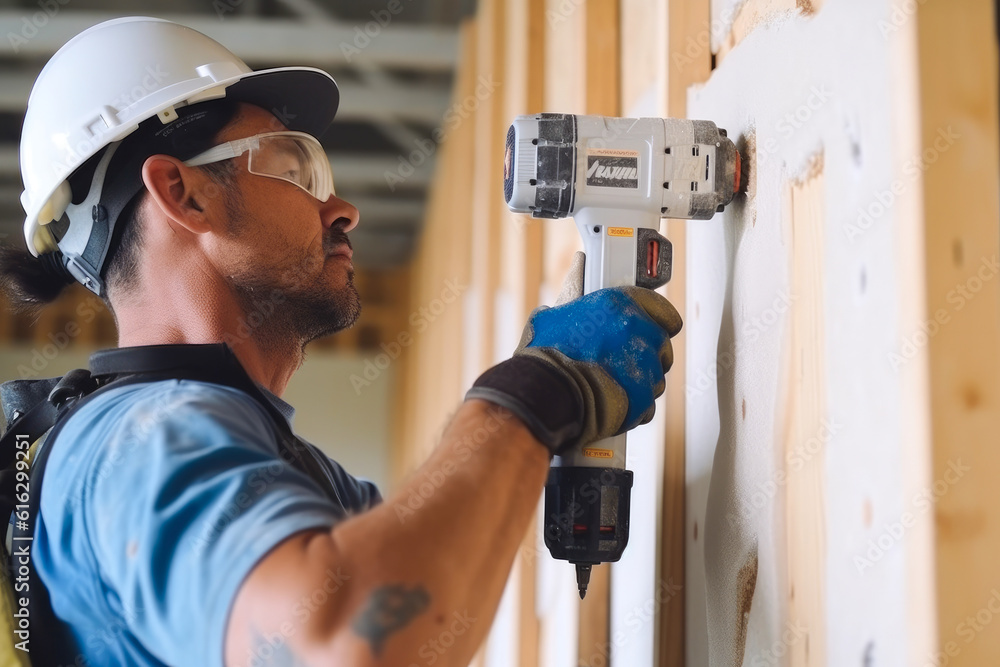 General construction worker attaching drywall while wearing safety ...