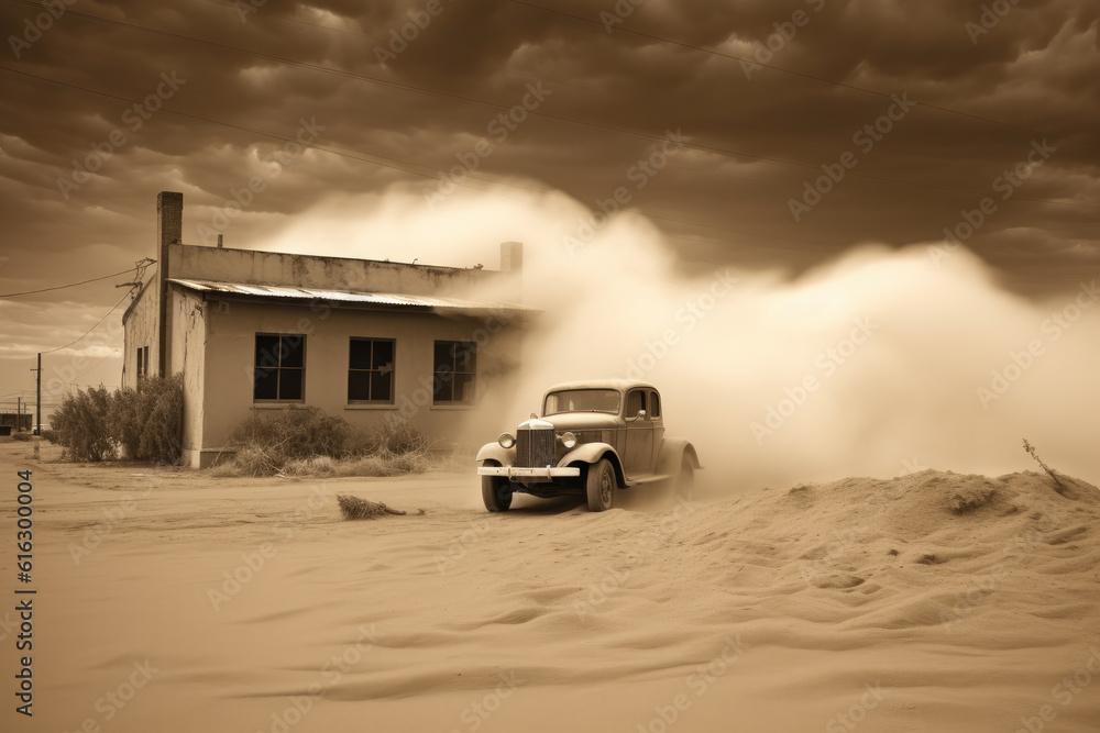 Car driving through dust bowl, severe dust storms, 1930s, Generative AI ...