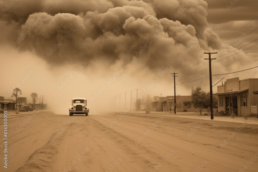 Car driving through dust bowl, severe dust storms, 1930s, Generative AI ...
