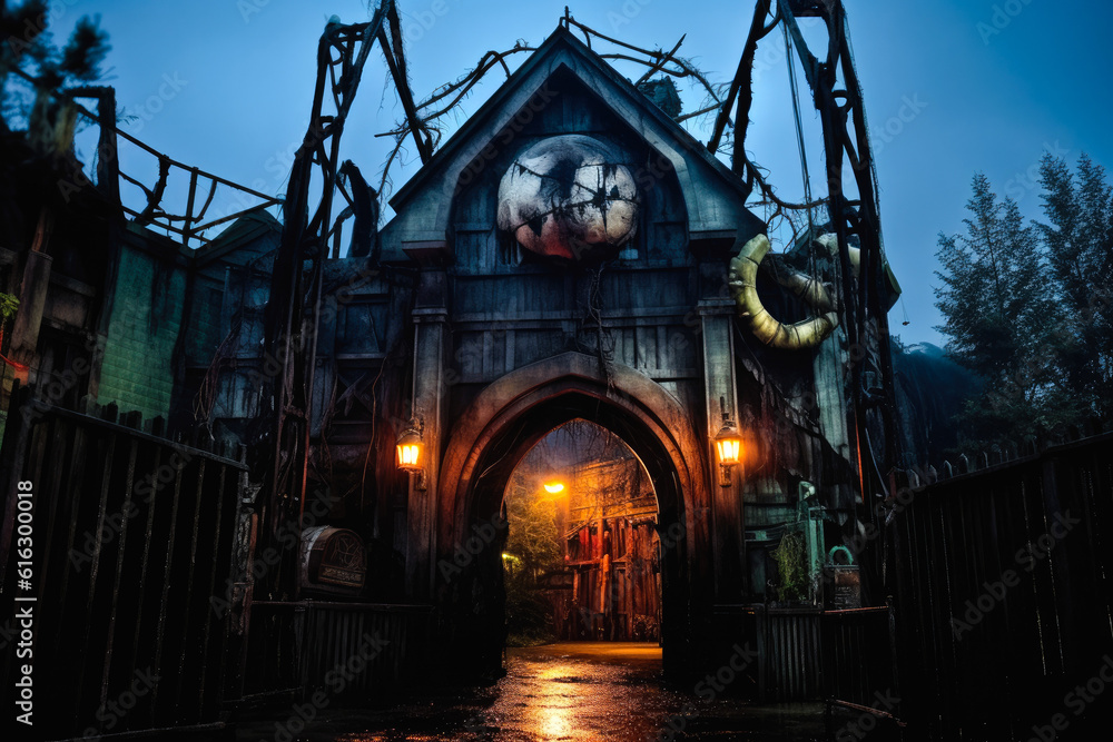 Hunted house ride in amusement park, ghost house in theme park ...