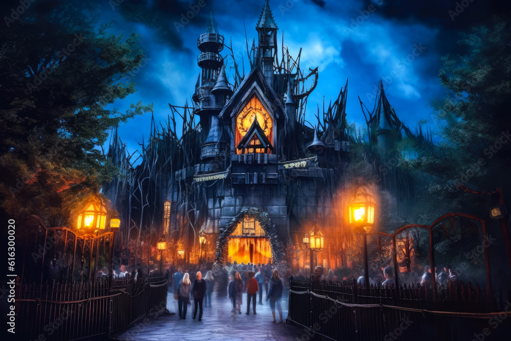 Hunted house ride in amusement park, ghost house in theme park ...