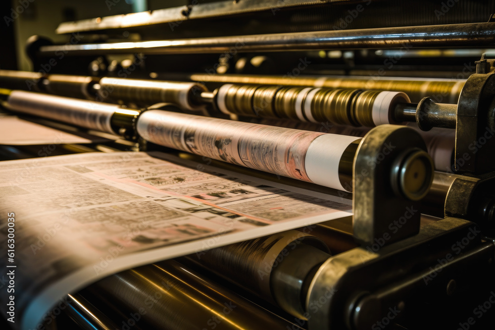 Machine printing newspaper, offset printing press, printing in progress ...