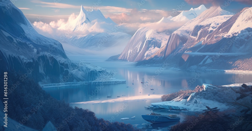 anime styled majestic glacier with an icy blue hue with reflection on ...