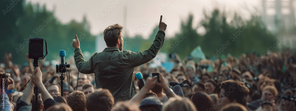 young man activist angry shouting for his cause among people ...