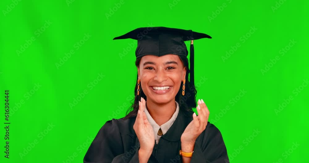 Happy woman, student and applause on green screen for graduation or ...