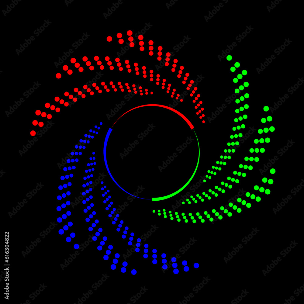 RGB rotated halftone dots and stripes in circle form. Geometric art ...